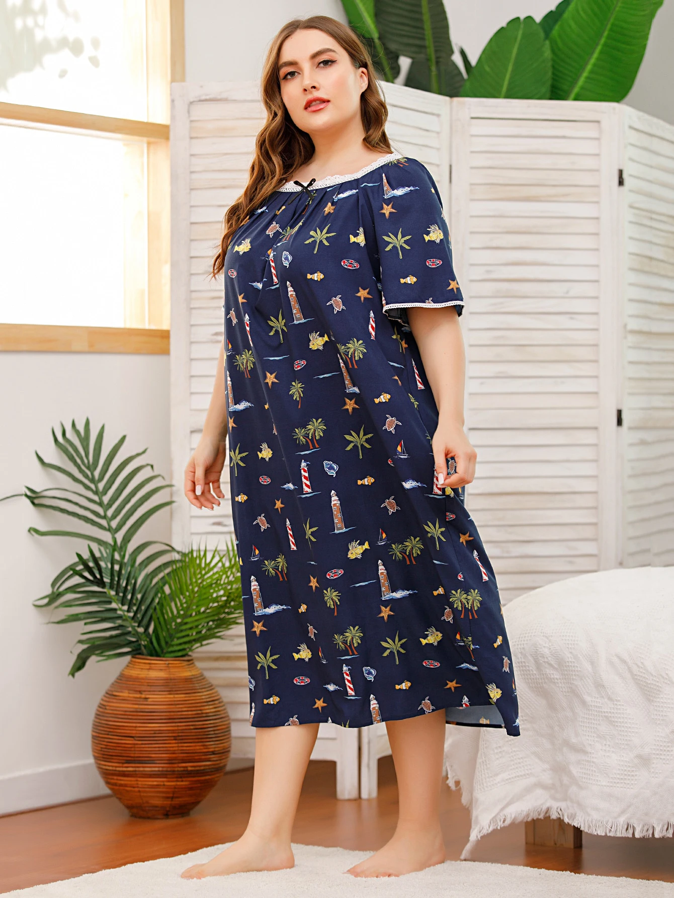 Fat Women Print Short Sleeves Night Dress Sleepwear Pyjamas Dress ...