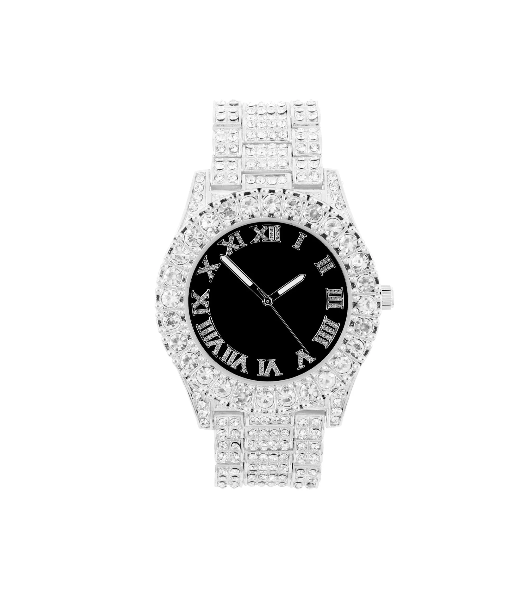 Roman Numerals Fully Iced Out Bling Diamond Watch Hip Hop Stainless ...