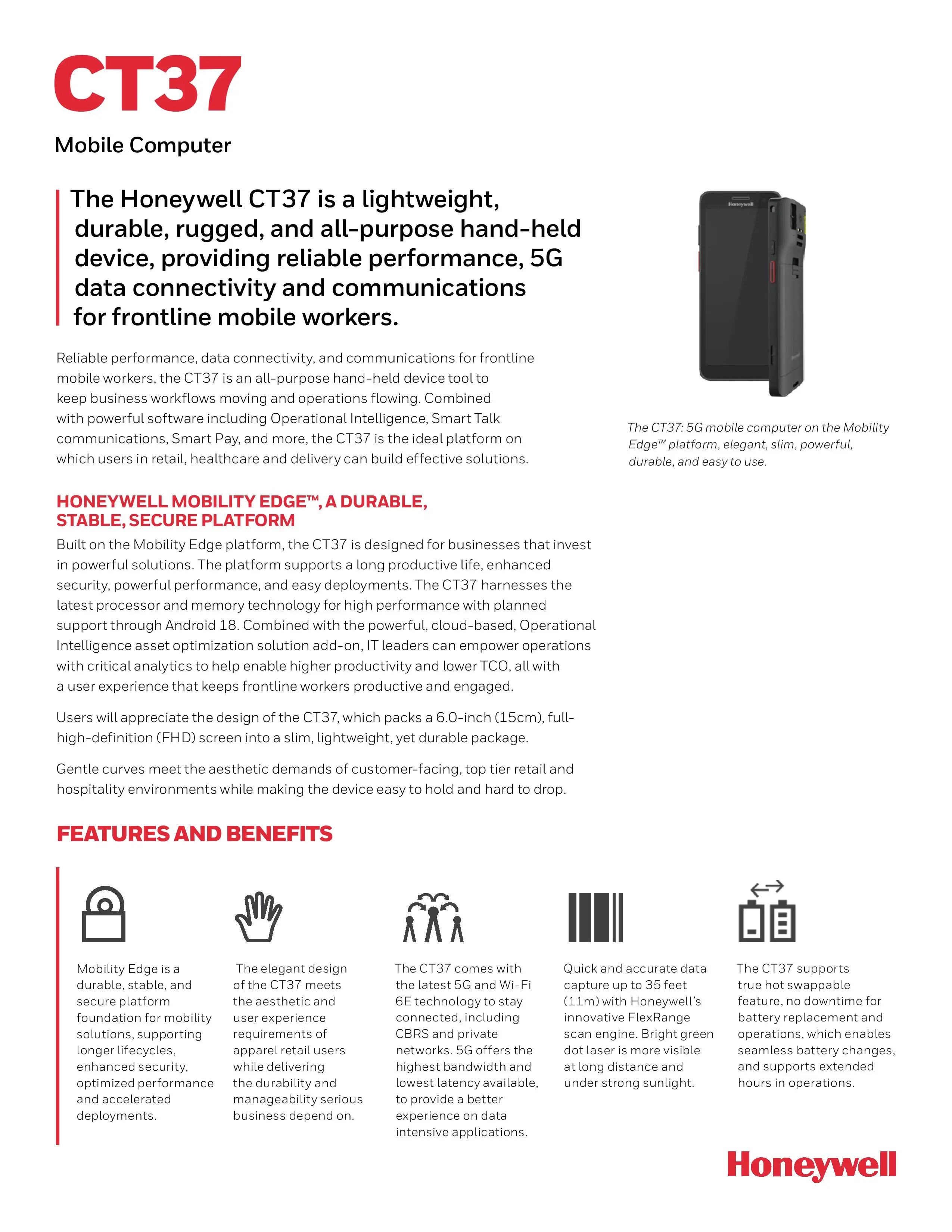 Honeywell CT37 - Rugged Mobile Computer with 5G and Android 6" FHD ...