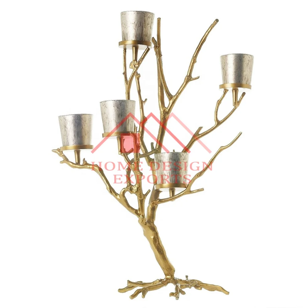 Modern Tall Gold Metal Tree Candle Holder with Glass Votive for Home ...