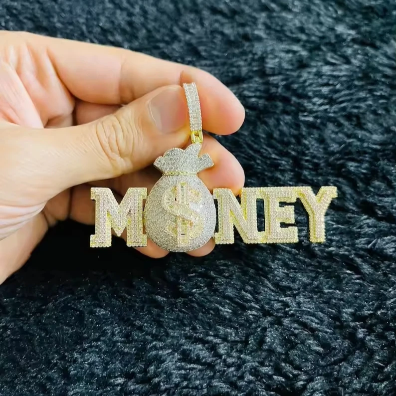 Iced Out Bling Letters Money Pendant Necklace Silver Color 5a Zircon ...