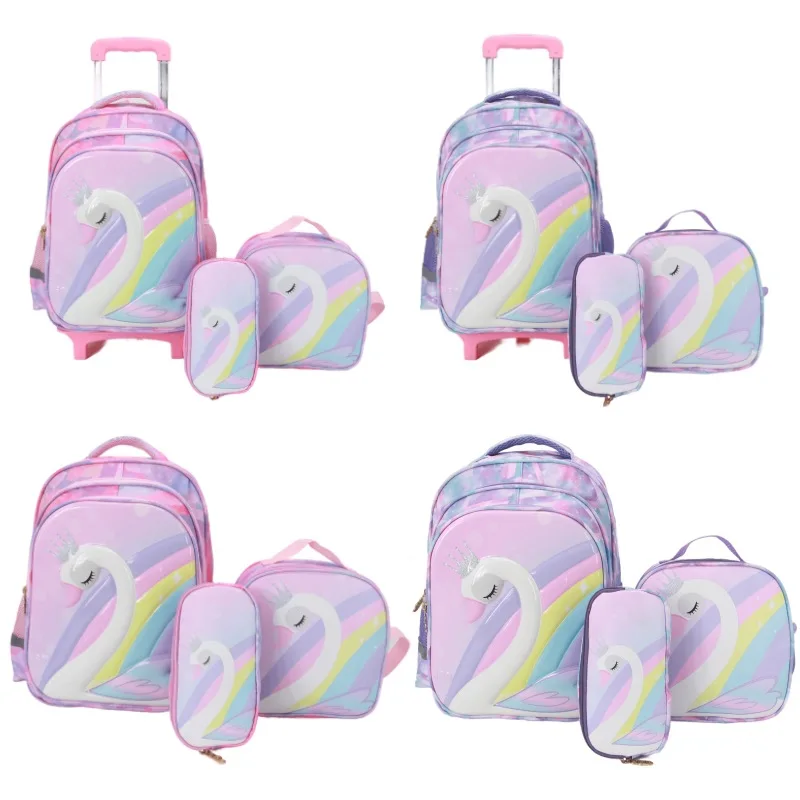 Student Kids Pink White Swan Girl Trolley School Backpack 3 In 1 Kit ...
