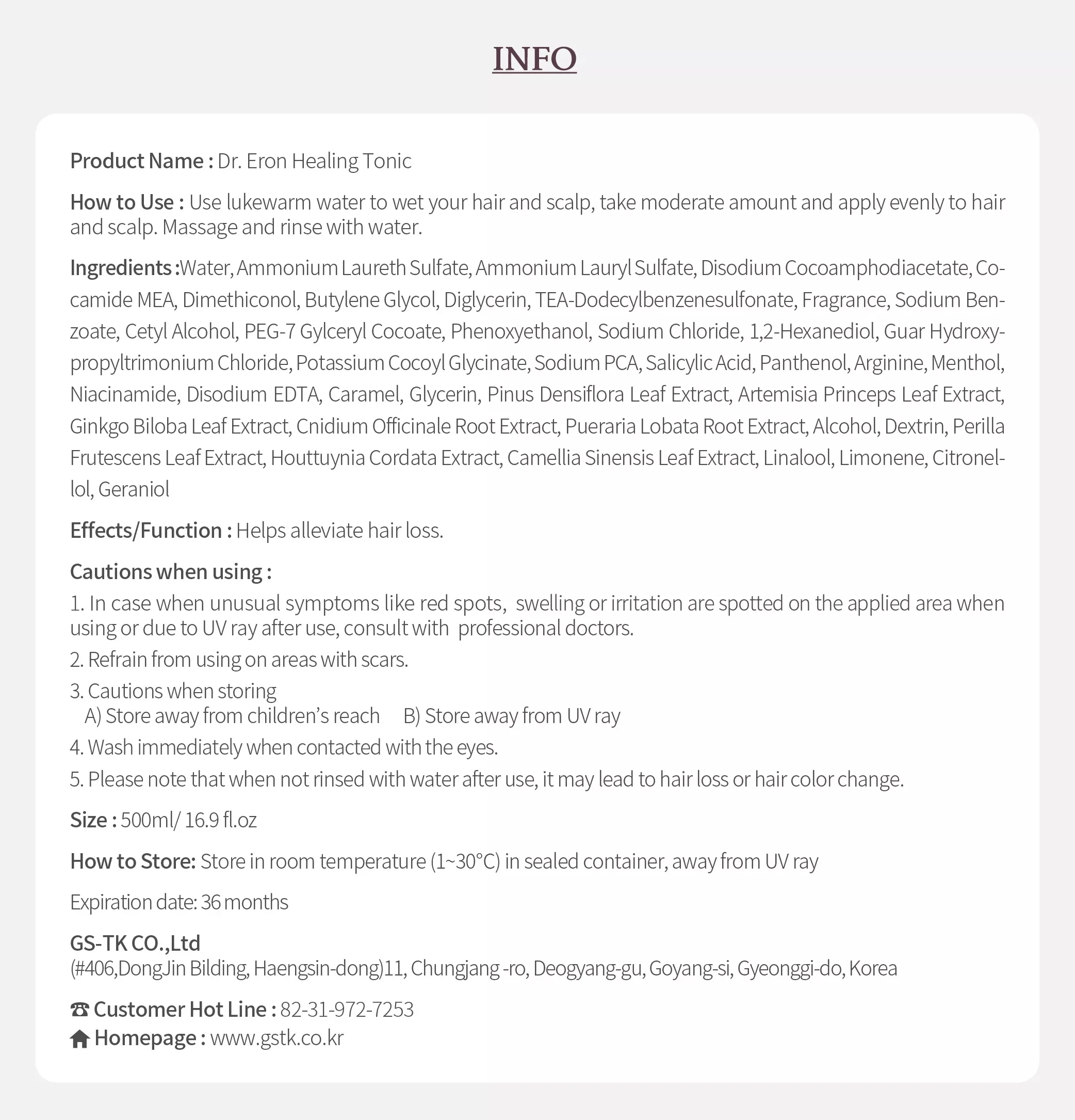 Gs-tk Co Korean Hair Loss Prevention Products Eron Healing Tonic 500ml Rich Foam Patents And ...