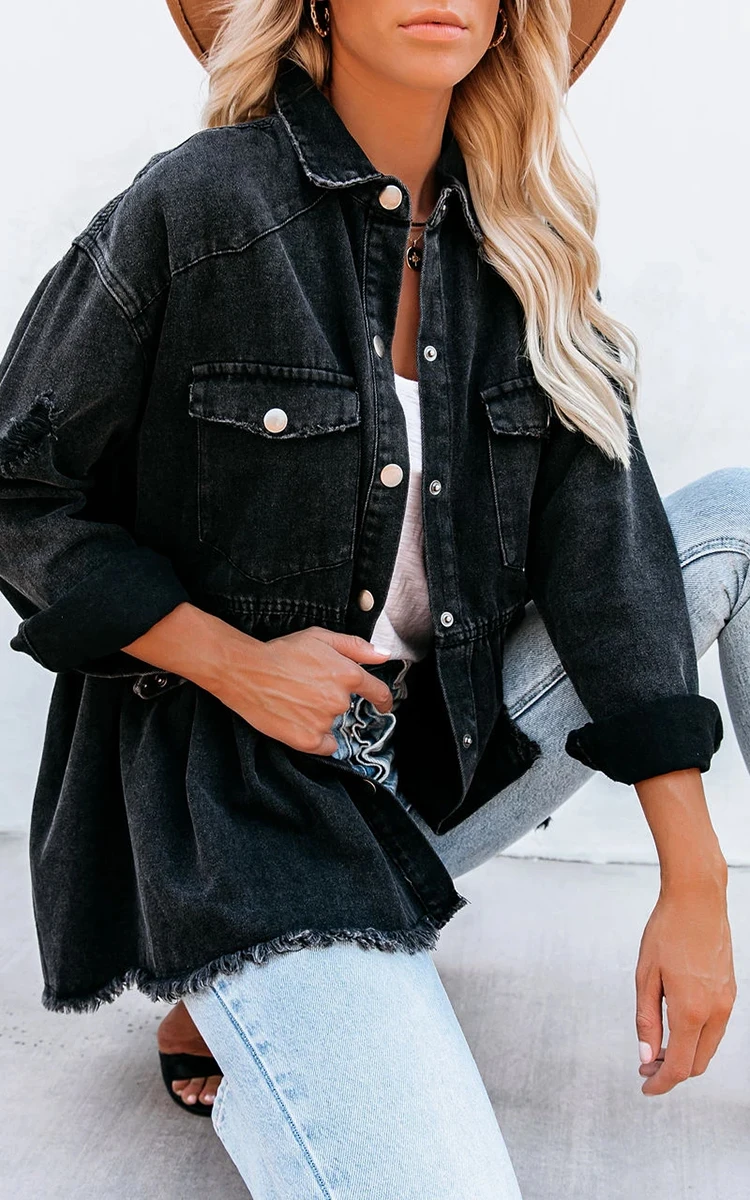 Oversize Women Causal Street Wear Long Sleeve Raw Edge Distressing ...