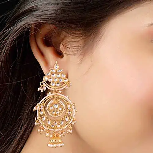 Aheli Gold Platted Indian Traditional Chandelier Kundan Jhumki Earrings ...