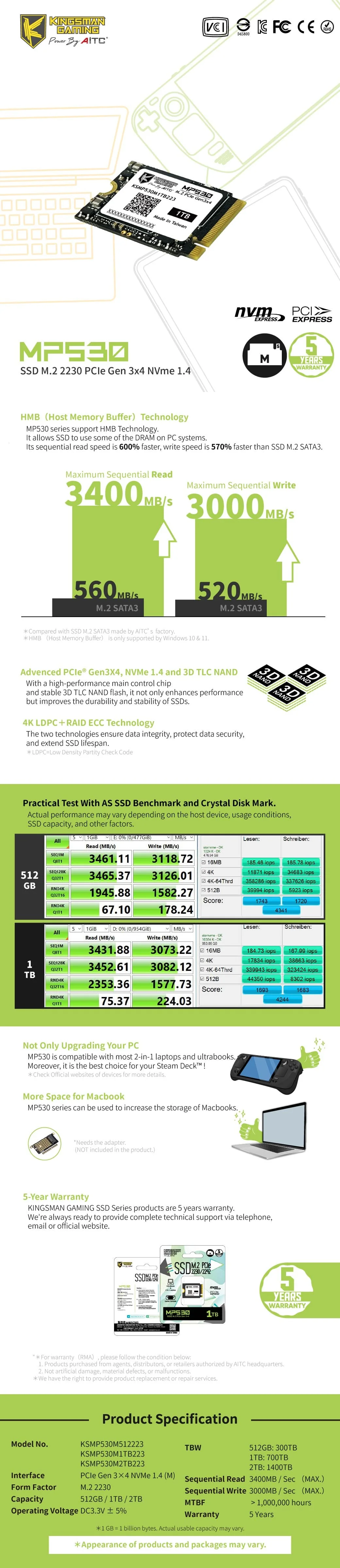 1TB SSD Pcie Gen3x4 M.2 2230 Nvme for Steam Deck - 5 Years Warranty