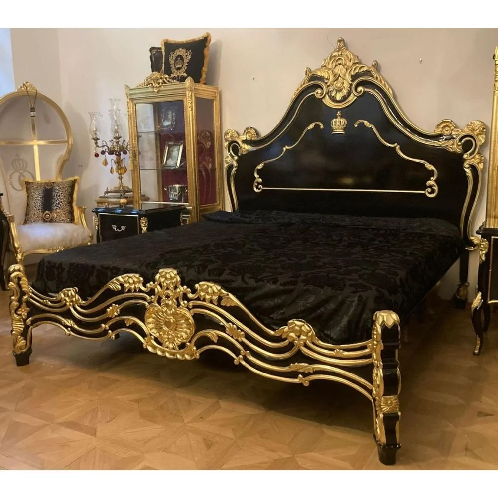 Black Painted Rococo Bedroom Furniture With Upholstered Headboard In ...