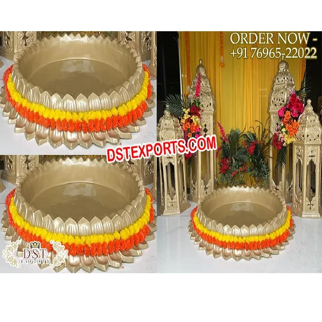 Royal Haldi Ceremony Decor with Urli Golden Lotus Fiber Urli for Haldi ...