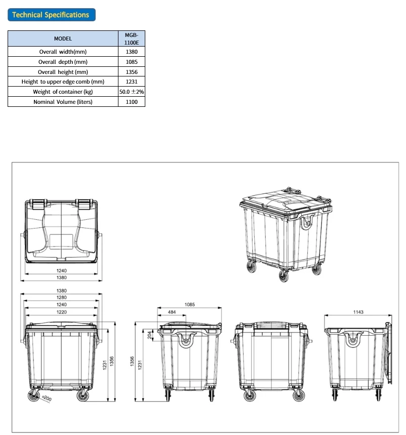 Garbage Container Waste Bins Solid Plastic Mobile Garbage Binbin Large ...