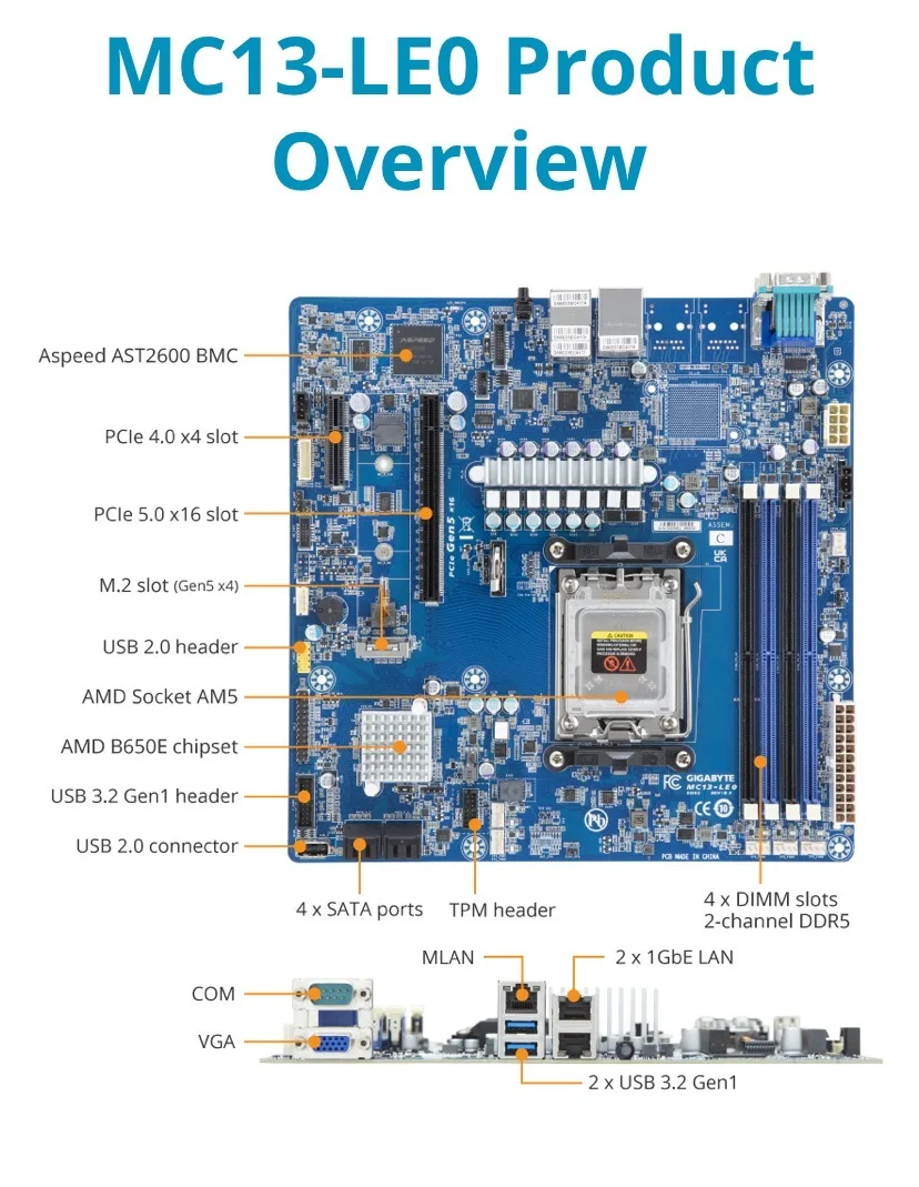 Brand New Gigabyte Motherboard Mc13-le0 Amd 7000 Server Board Processors Ddr5 Memory Micro Atx ...