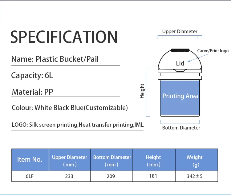 Heavy Duty Custom Printing 6l Food Grade Plastic Bucket White With ...
