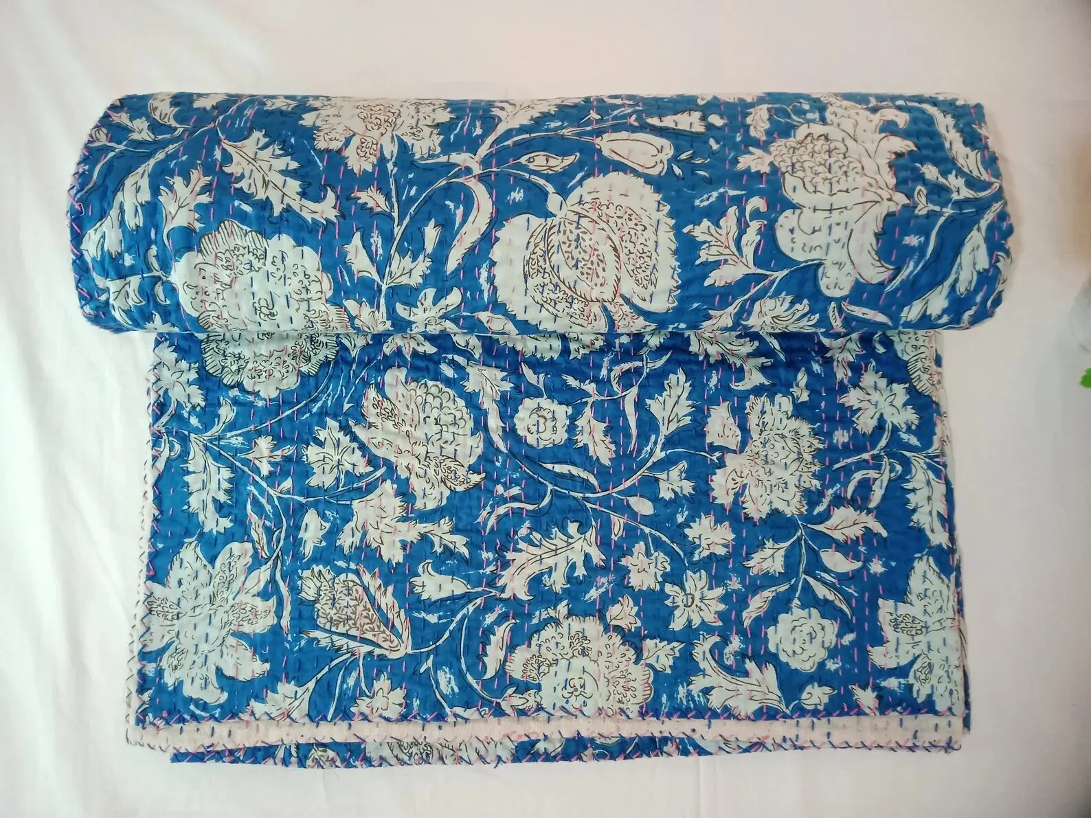 Kantha Quilt Indian Cotton Queen Kantha Quilt Floral Bedspread Ethnic ...