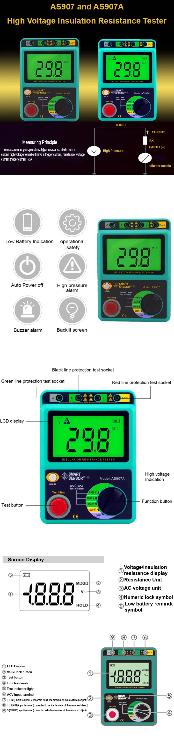Smart Sensor AS907 / AS907A Insulation Resistance Tester