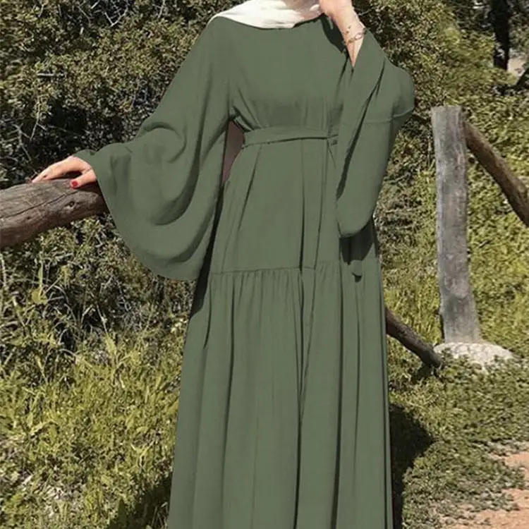 Trumpet Sleeves With Belt kuwait Abaya Long Maxi Crew Neck Muslim Dress ...