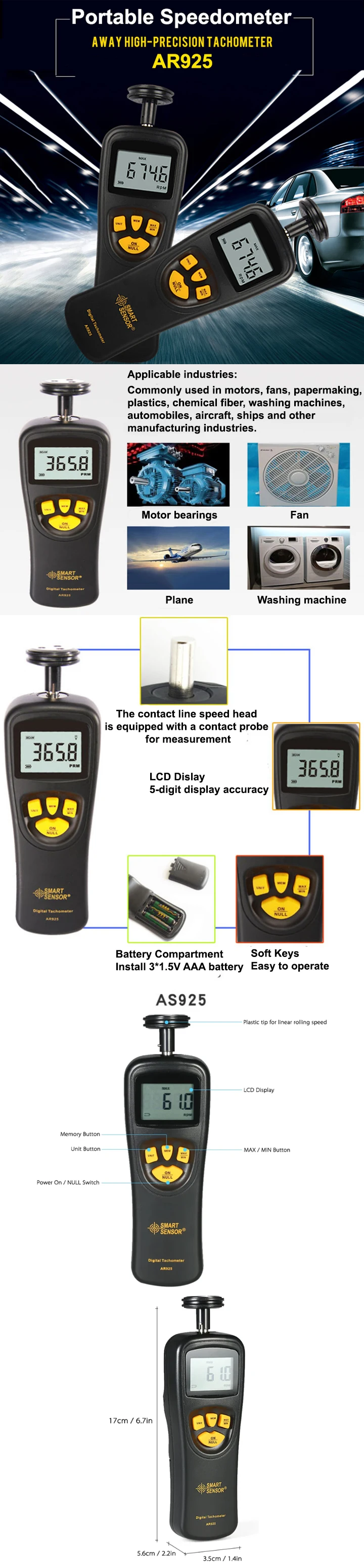 Smart Sensor AR925 Digital Tachometer - Precision RPM Meter