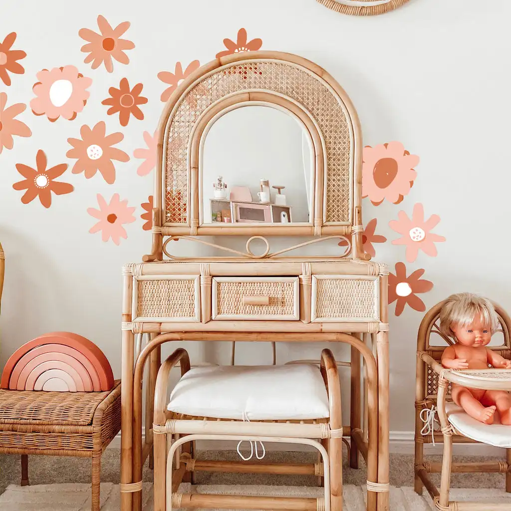 Kids rattan vanity table with mirror cheap price natural small dressing ...