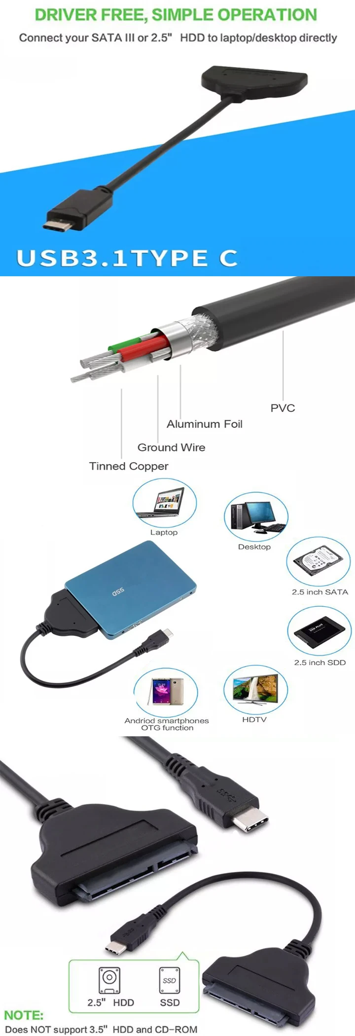 USB 3.1 Type-C to SATA Adapter Cable for 2.5" Disk Hard Drive / SSD ...