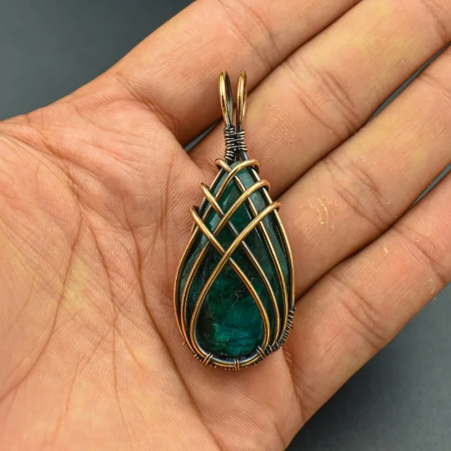 Emerald Gemstone Copper Wire Wrapped Pendant Fashion Jewelry Designer ...