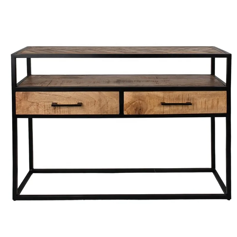 Industrial Iron & Wooden Console Table With Black And Natural Finished ...