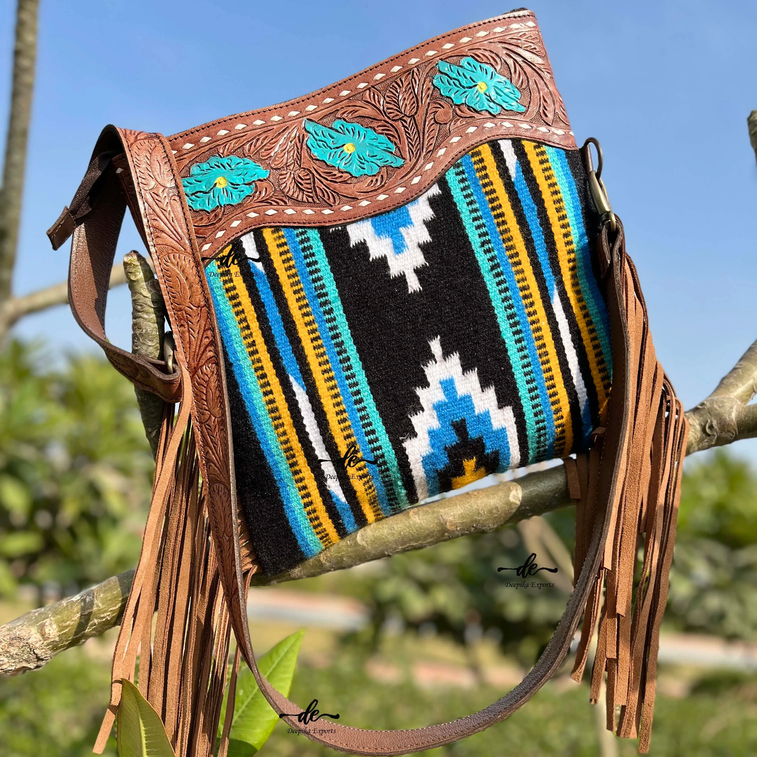 Hand Tooled New Arrival Fringe Handbag Aztec Saddle Blanket Sling Bag ...