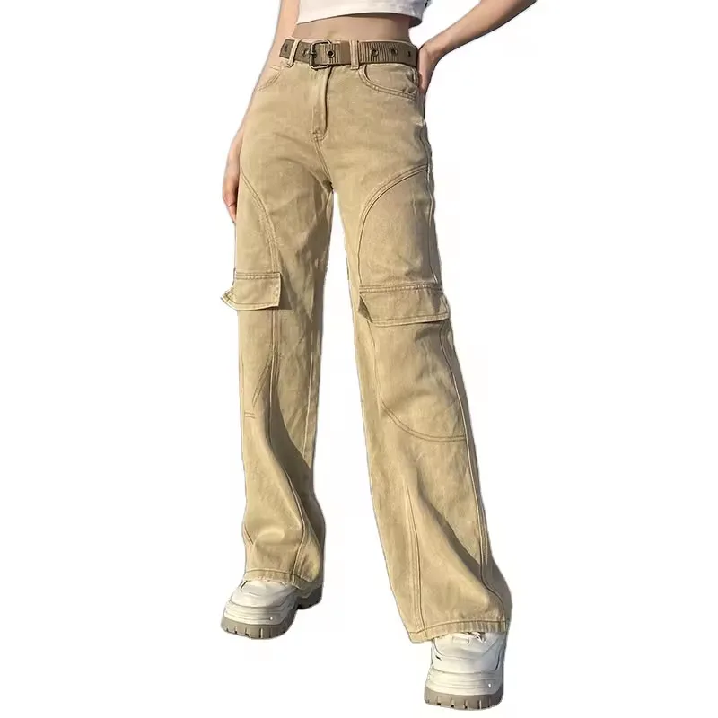 Women's Retro High Rise Beige Straight Leg Jeans Woman Splicing Knee ...