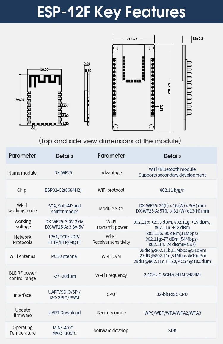 WF25 ESP32-C2(ESP8684H2) WiFi+Bluetooth Serial Module Microcontroller ...