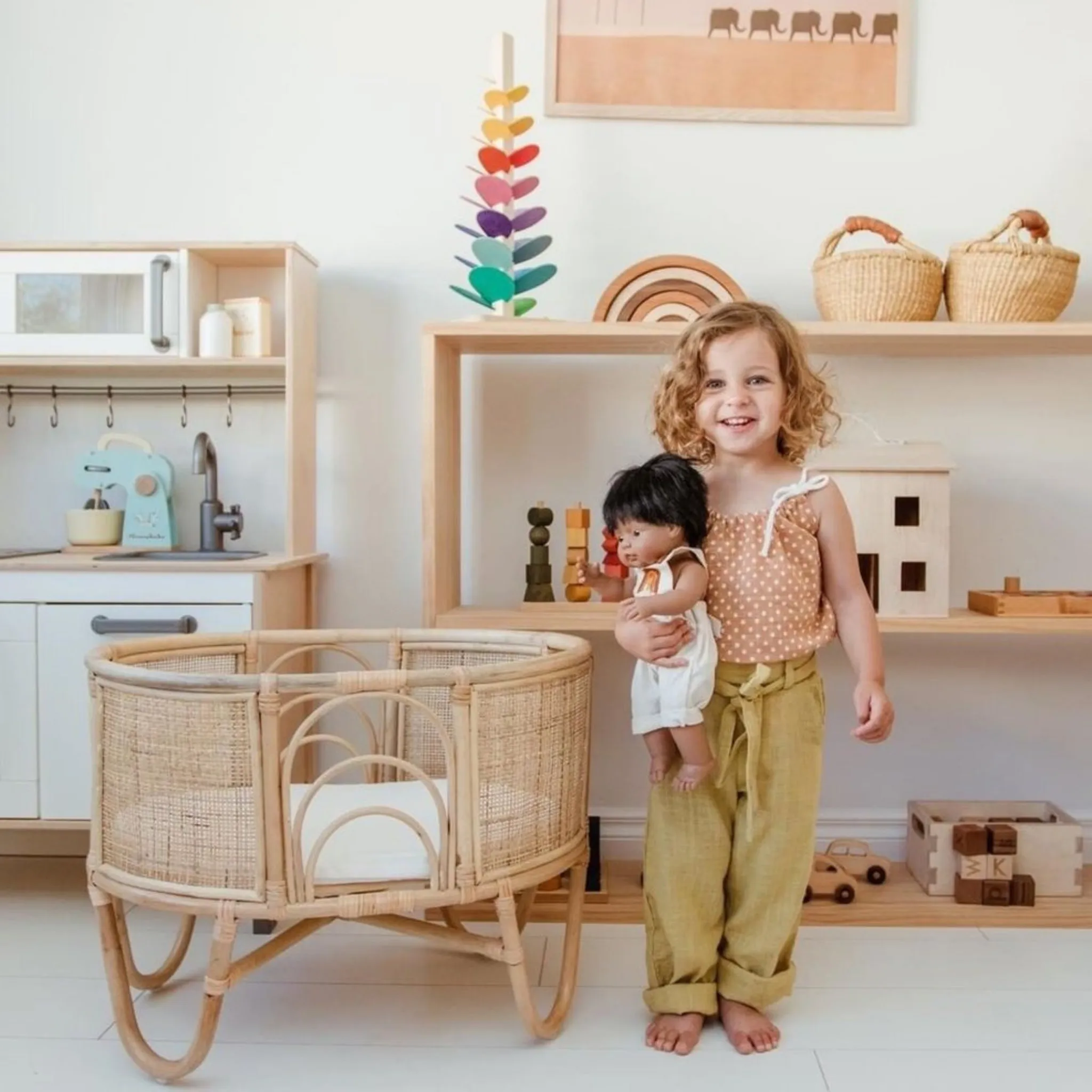 Children's Pretend Play Rattan Doll Crib Set - Handcrafted Eco-Friendly ...