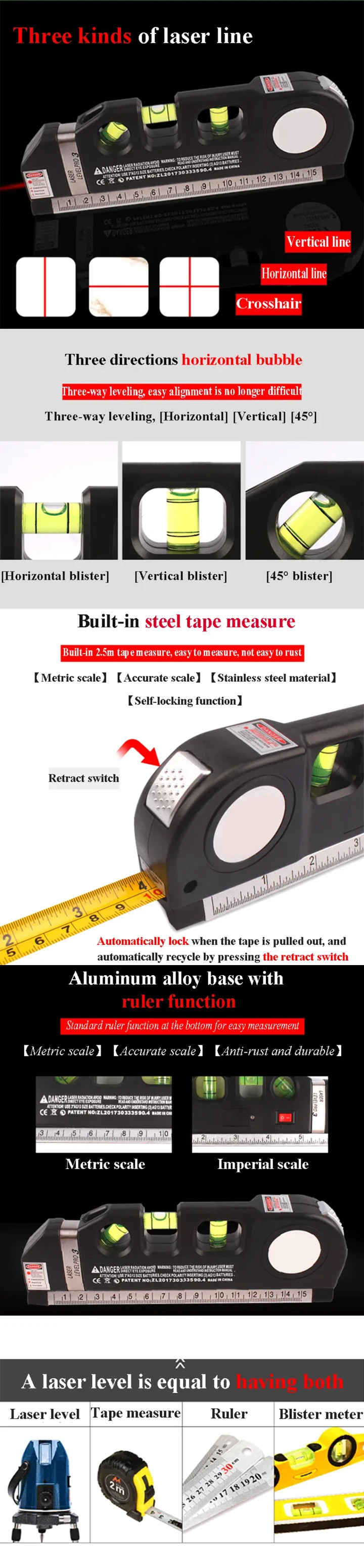 8ft Cross Line Measurement Ruler Leveling Laser Level Pro 3 Tools
