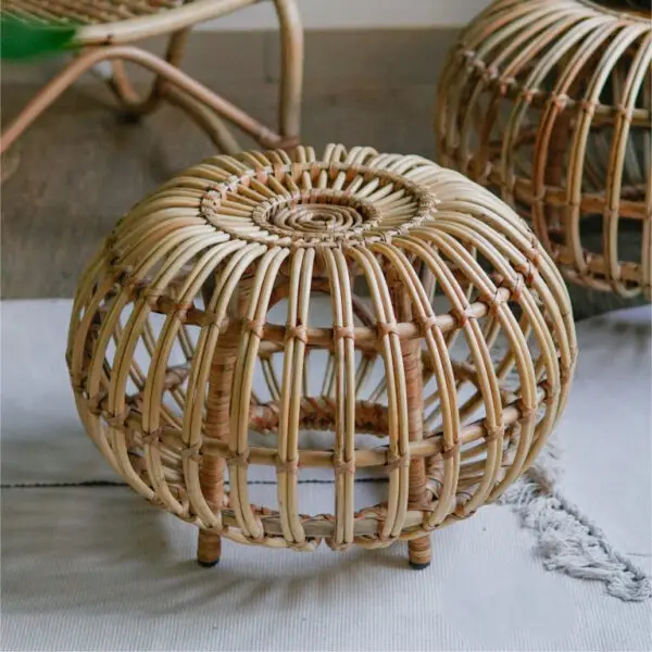 Vintage Handmade Vietnam Rattan Coffee Table & Ottoman