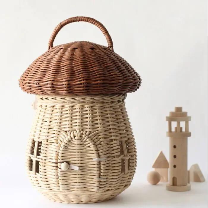 Pink Mushroom House Shaped Rattan Basket - Cute Storage