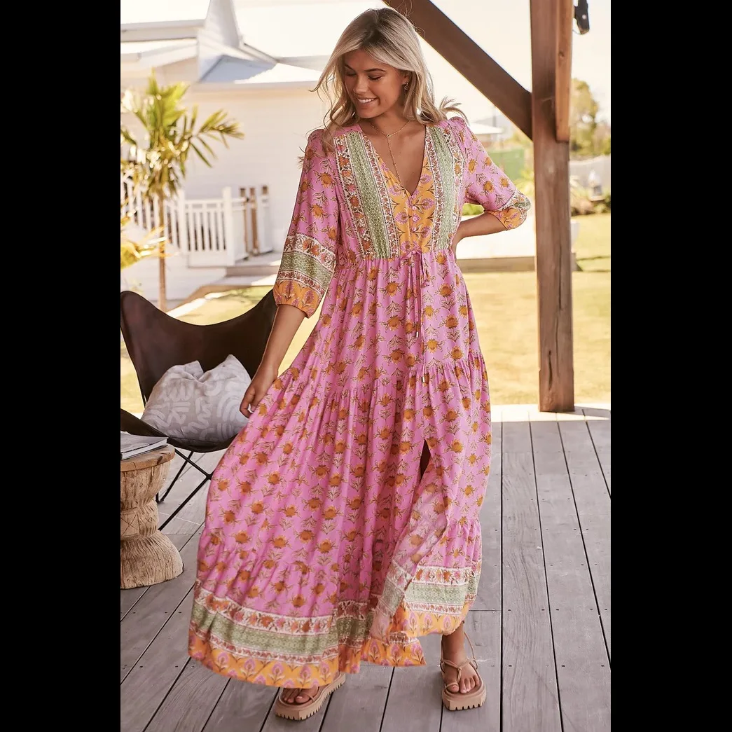 OEM custom Summer Beach Girls Floral Print Boho Long Rayon Ruffles ...