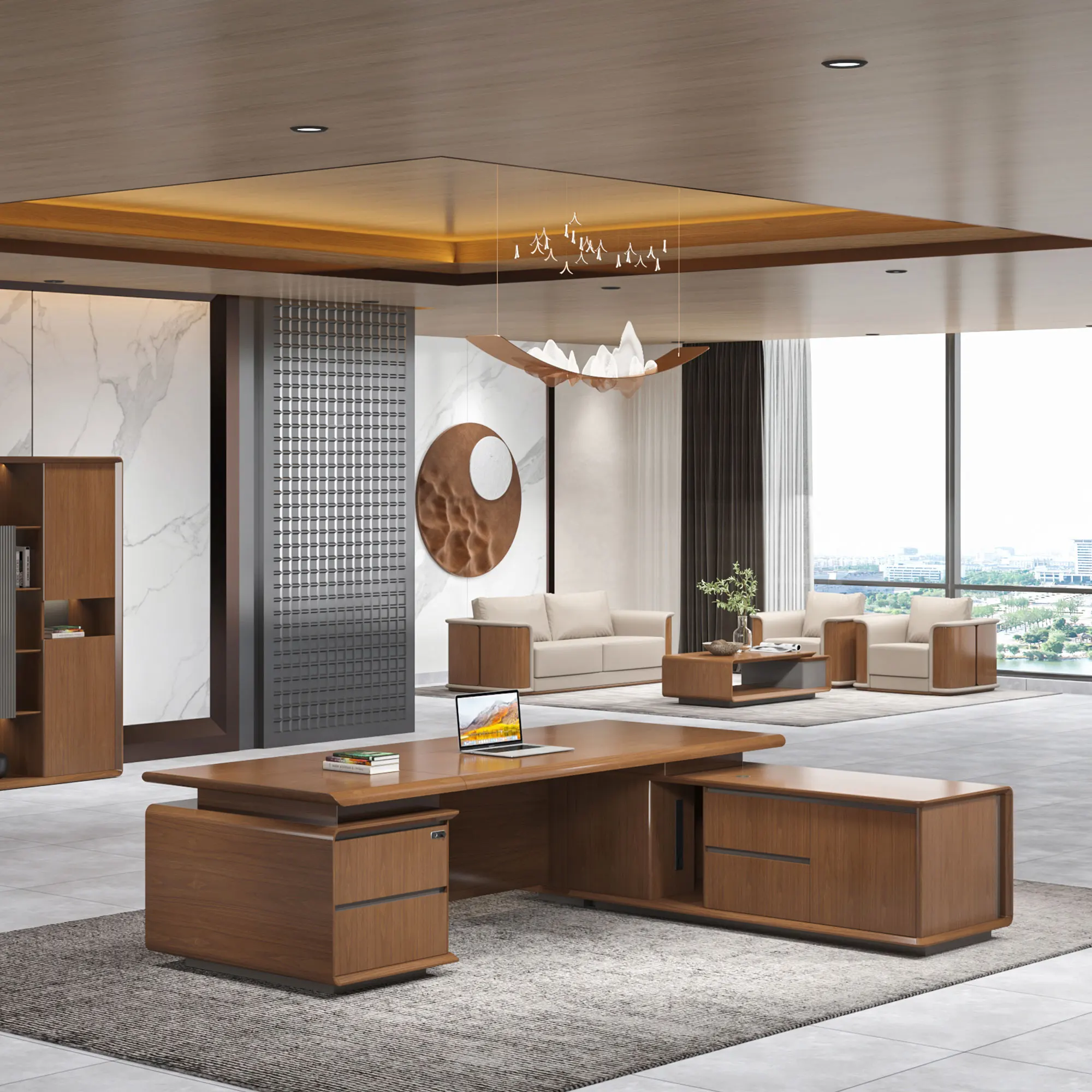 Office Furniture Luxurious Grand Natural Veneer L-shaped Desk Set ...