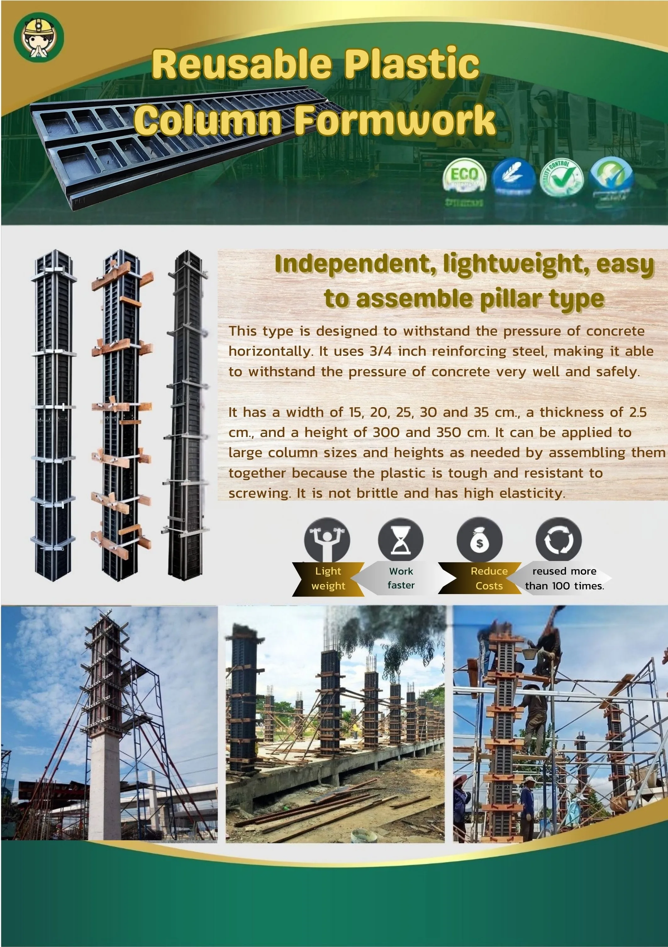 Reusable plastic formwork mold casting concrete for column size ...