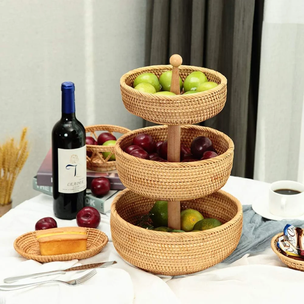 Two-Three Tier Rattan Fruit Tray with Handle Custom Size High Quality ...