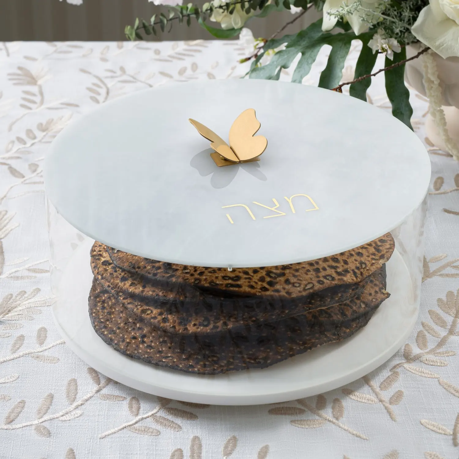 White + Butterfly Round Acrylic Matzah Box - Magnetic Closure - Buy ...