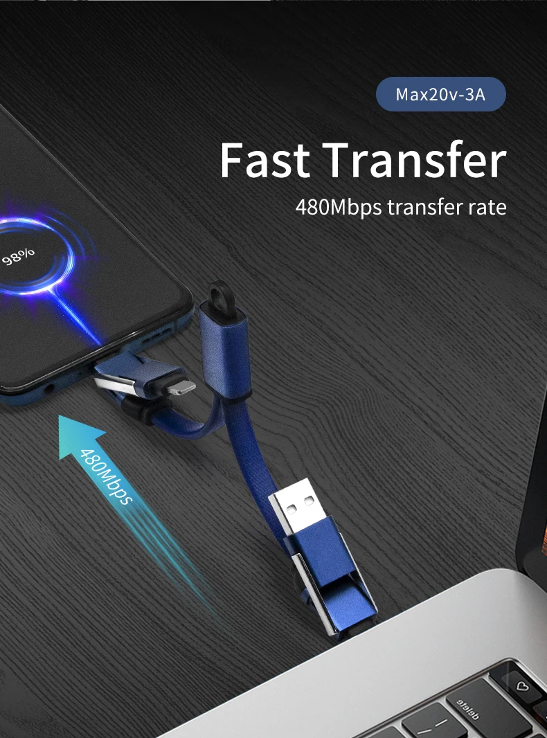 Universal Multi Function 4 in 1 Type C Charging Cable Keychain USB Date Fast Charger Cables ...