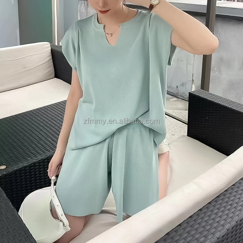 V-neck -quarter Sleeve Top Elastic Waist Shorts Two-piece Summer Women's Casual Loose Suit ...