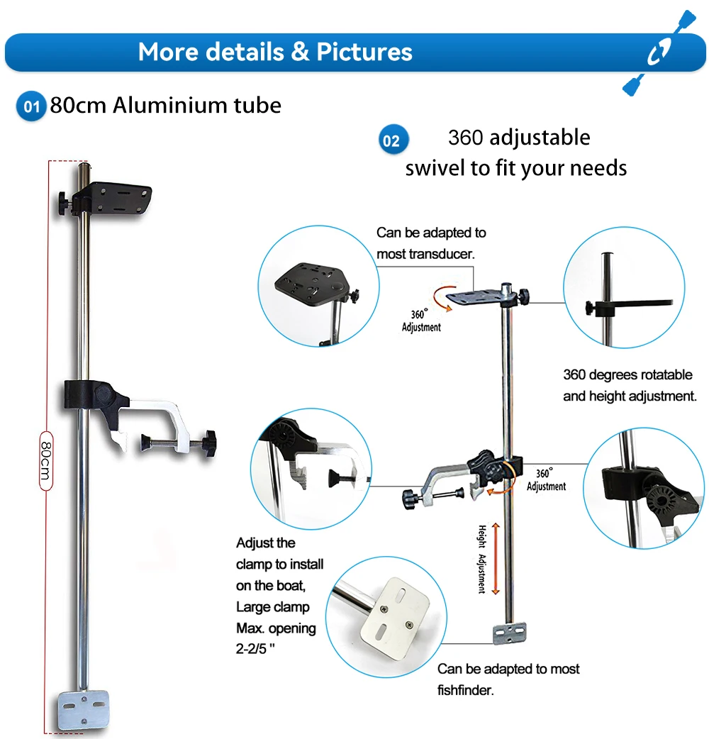 Heavy Duty Aluminum Transducer Pole Mount Attachment Fishfinder Stand ...