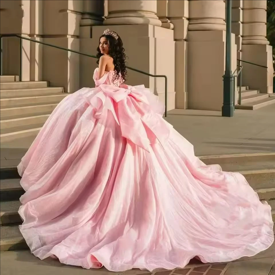 Princess Shinny Pink Ball Gown Quinceanera Dresses Off Shoulder Glitter ...
