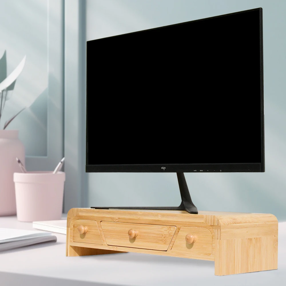 Dual 2 Layer Monitor Riser Stand With Storage Organizer Drawer Bamboo ...