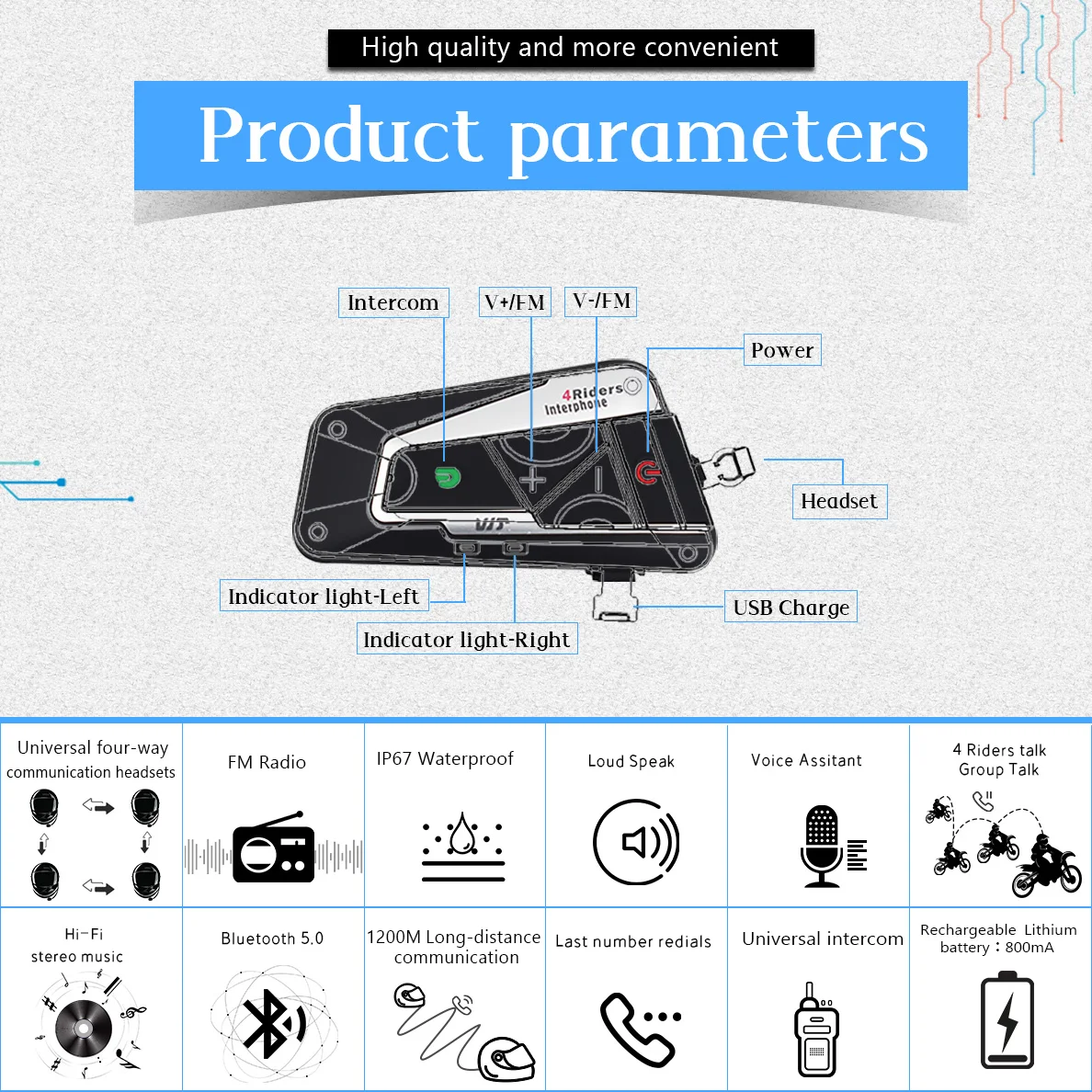 Advanced Intercom System for Motorcycle Bluetooth - 1200m Range