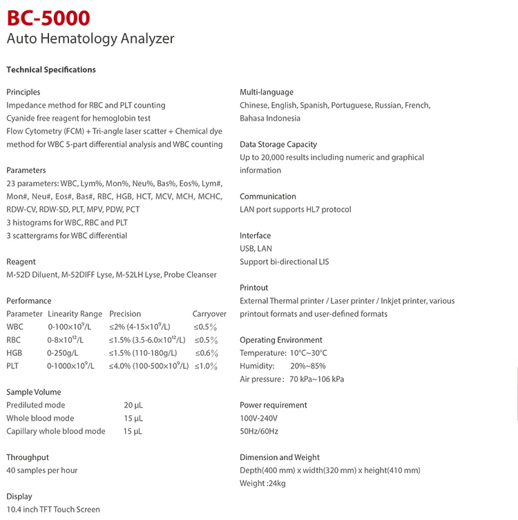 Auto Hematology Analyzer - Mindray BC 5000 CBC Machine for Blood ...