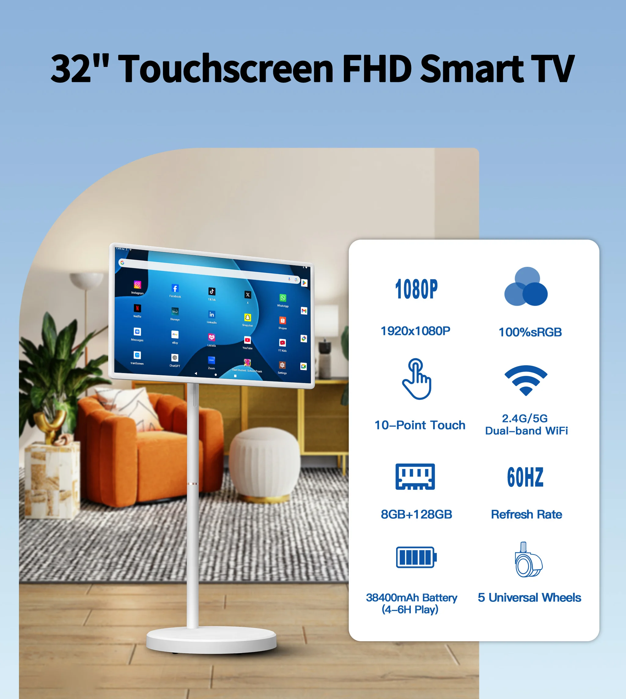 32 Inch Portable Monitor Screen - Smart TV Display Android 15