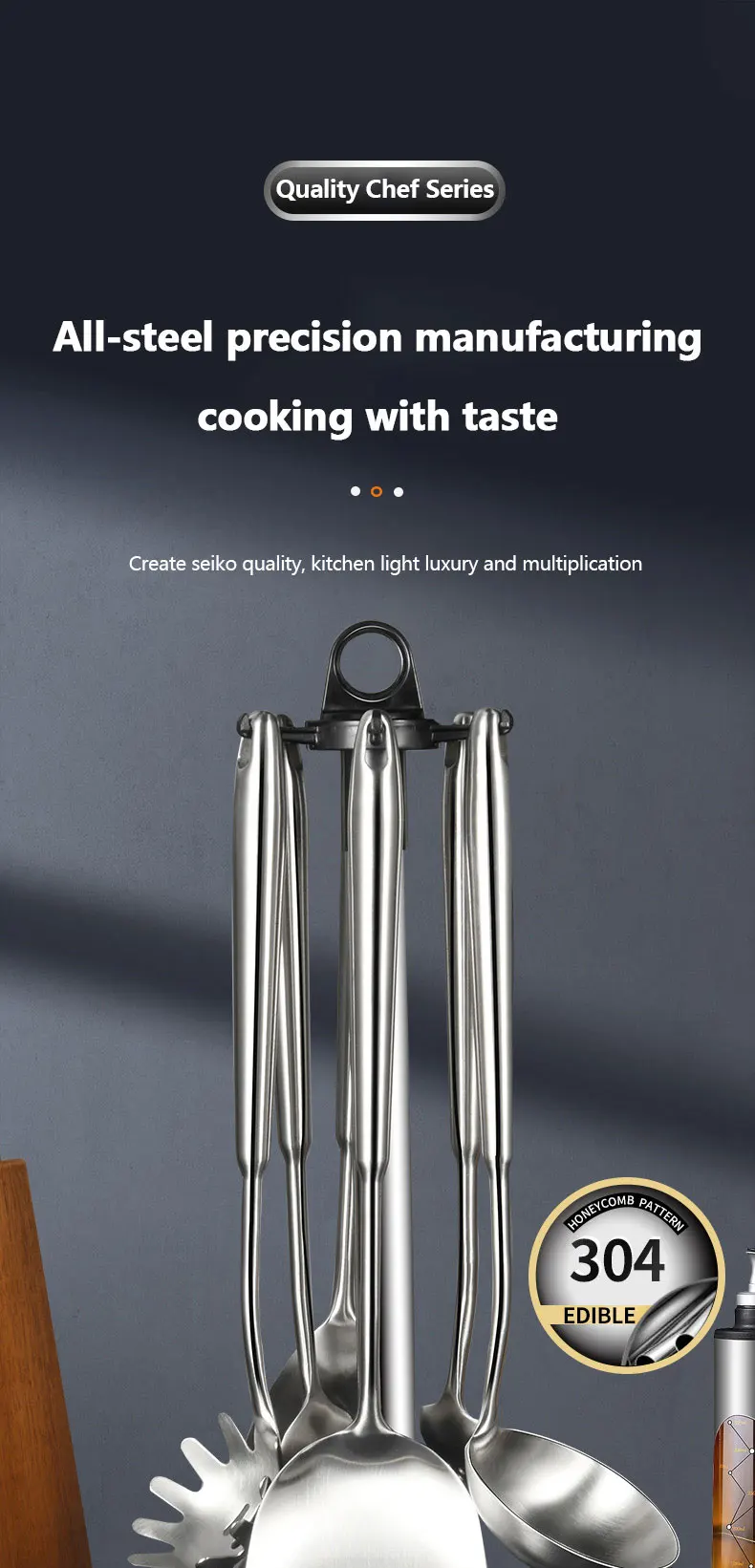 304 Stainless Steel Kitchen Utensils Set With Holder Metal Cooking ...
