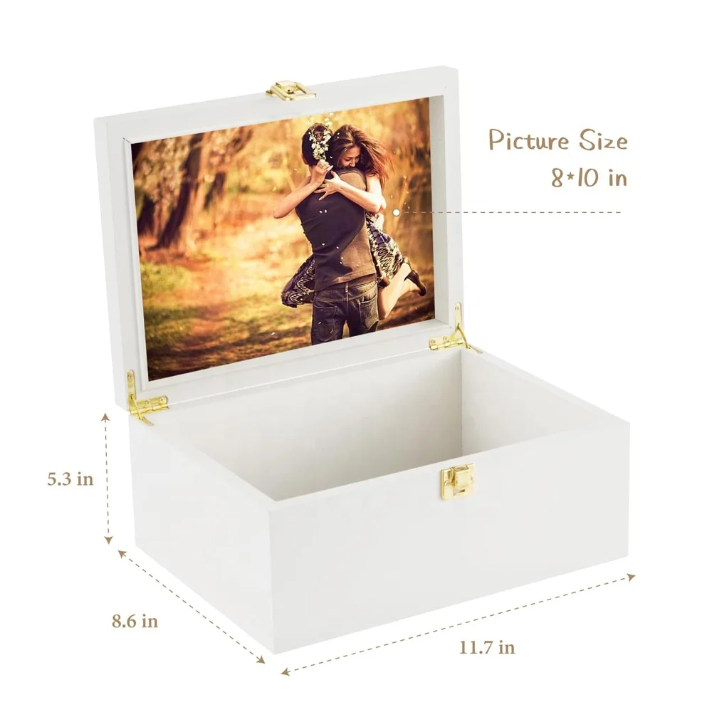 Large White Wooden Memory Keepsake Boxes with Hinged Lid and a Photo ...