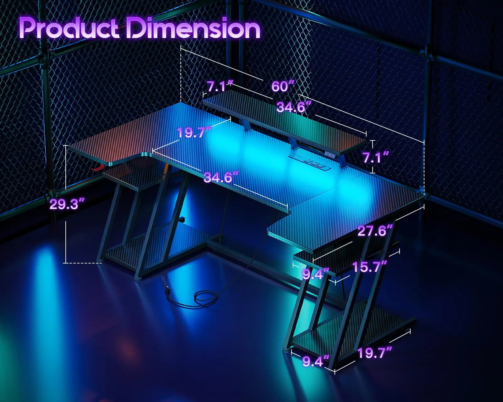 Modern Z Shaped Computer Desk with Power Socket RGB LED Light Home ...