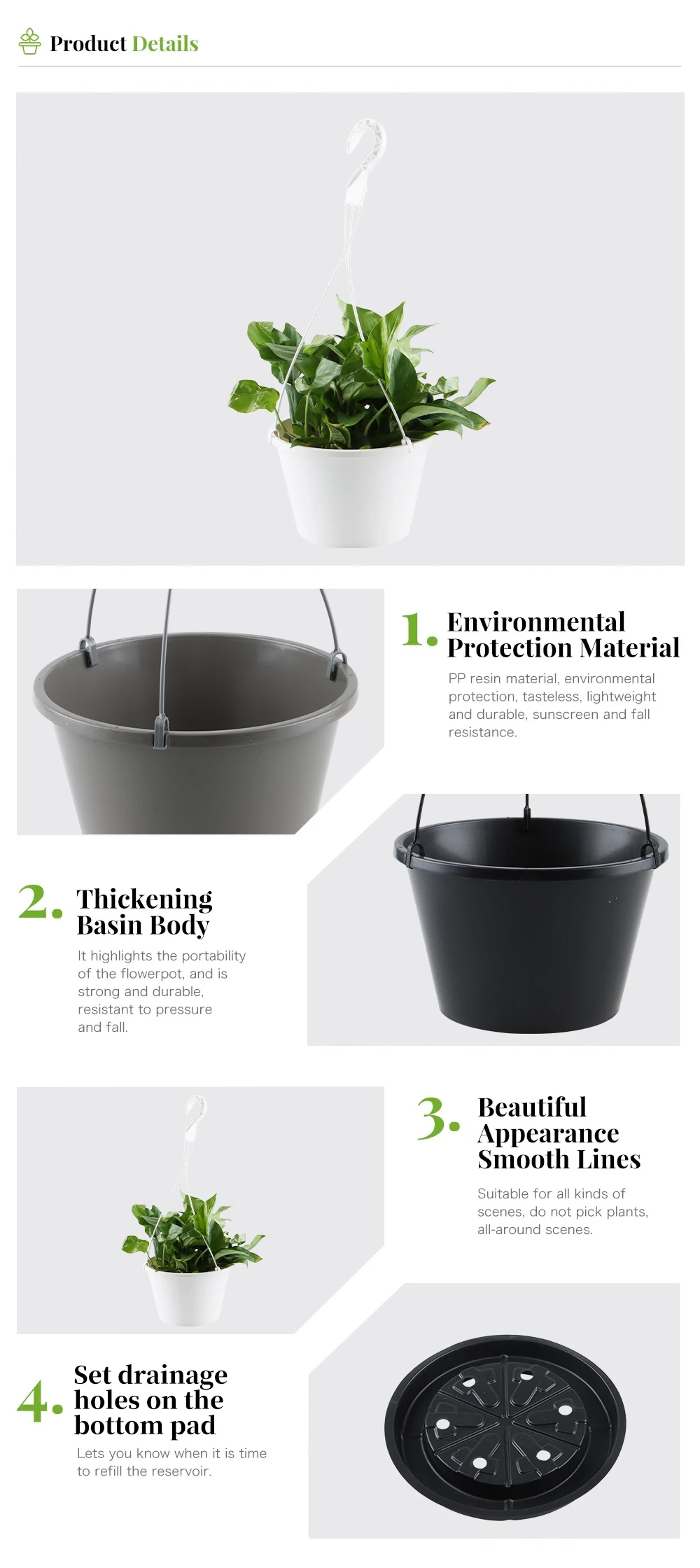 New Design 10 Inch Plastic Hanging Planters Drainage Holes Balcony ...