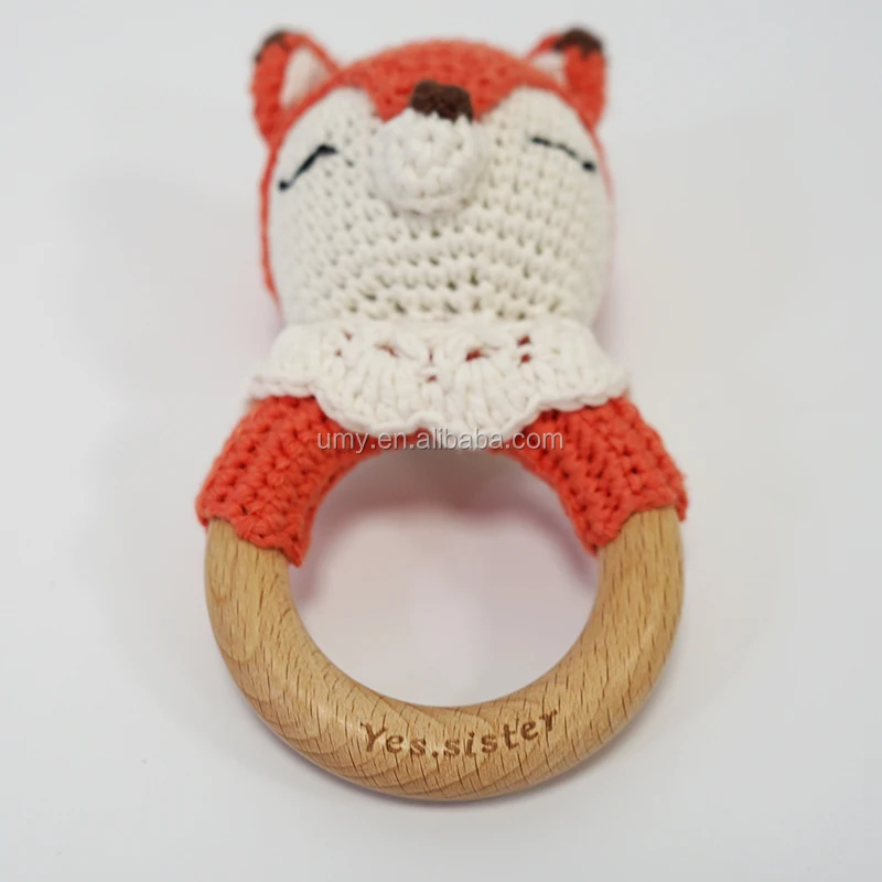 Custom Crochet Wood Teething Ring Toy Dinosaur Wooden Rattle Set Baby ...