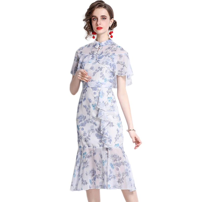 Chinese Cheongsam Style Ladies Short Sleeve Floral Retro Style ...
