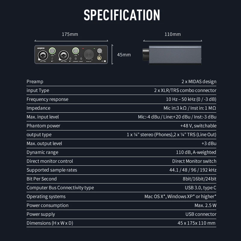 Xlr Microphone 24bit-192khz Audio Interface 2 In 2 Out Computer ...